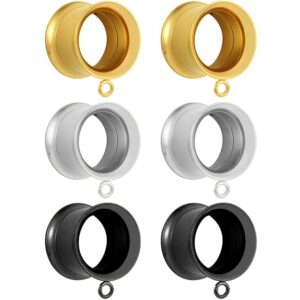 LADEMAYH 3 Pairs DIY Tunnels Plugs Gauges for Ears Piercing Jewelry, Women Mens Stainless Steel Ear Dangle Gauges Accessories Mixed Color 08mm=0g