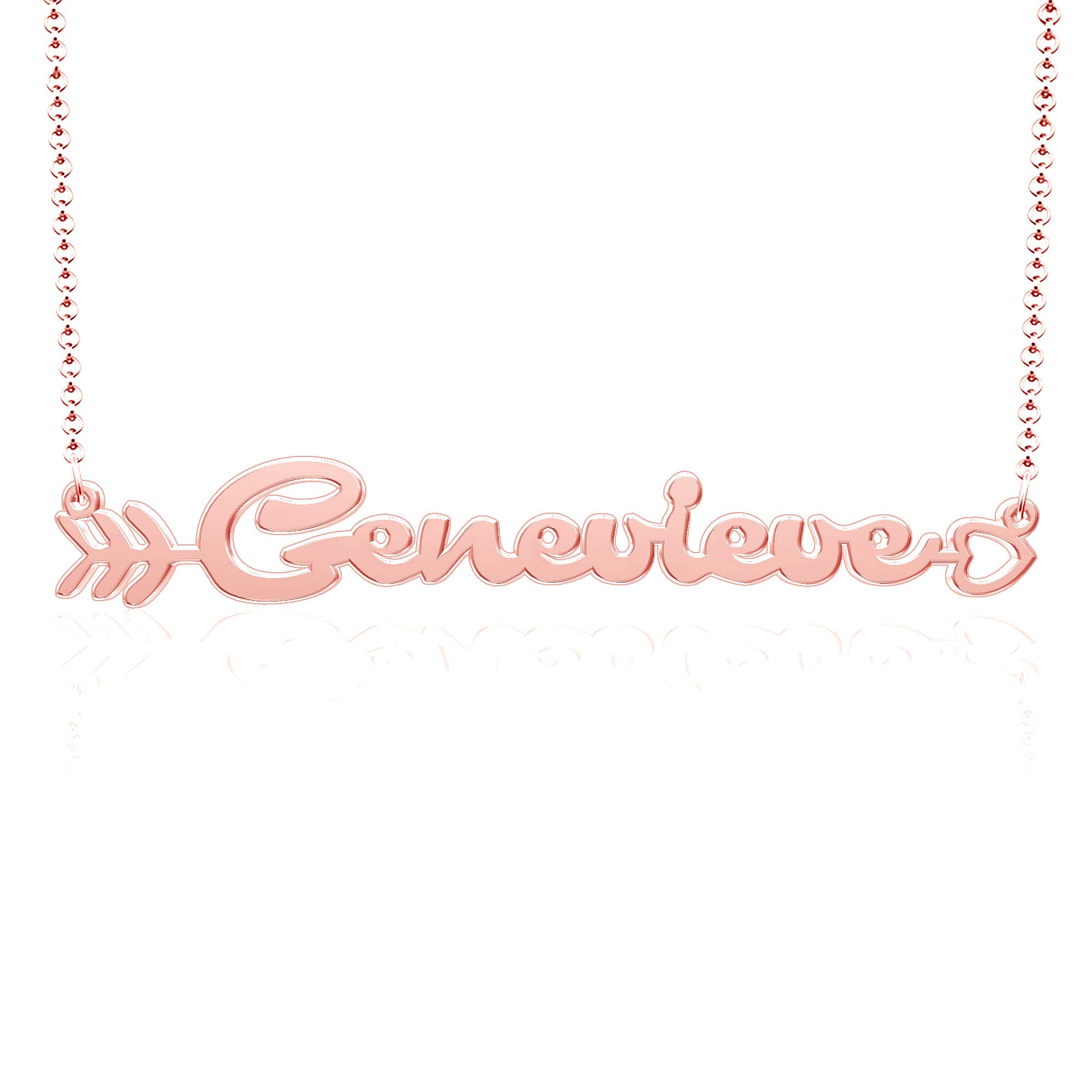 LoEnMe Jewelry Genevieve Name Necklace of Rose Gold Plated Custom Made with Arrow Love Heart Sterling Silver Personalized Bridesmaid Gift