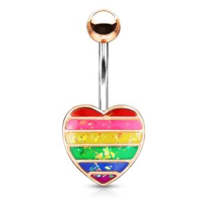 pierced owl rainbow gay pride synthetic opal glitter heart belly button navel ring (rose gold tone)