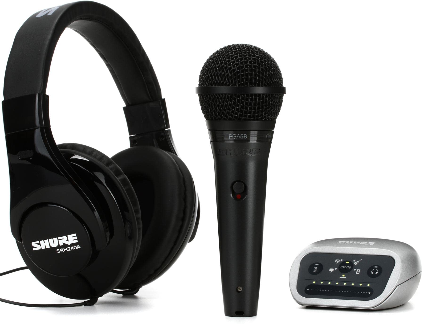 Shure Digital Recording Kit with PGA58 Microphone, SRH240A Headphones and MVi Audio Interface, Black, Silver (P58-CN-240-MVI)