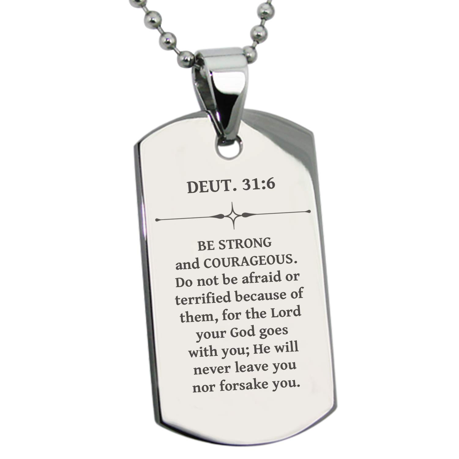 Tioneer Stainless Steel Be Strong and Courageous Deuteronomy 31:6 Dog Tag Pendant Necklace