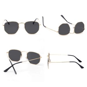 Hipster Hexagonal Polarized Sunglasses Men Women Geometric Square Small Vintage Metal Frame Retro Shade Glasses (Gold Black)