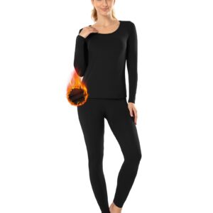 MANCYFIT Thermal Underwear for Women Long Johns Set Fleece Lined Ultra Soft Scoop Neck Black X-Large