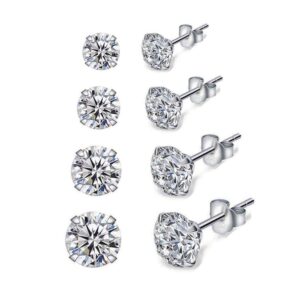 sterling silver cubic zirconia stud earrings set for womens mens, 4 pair small studs for cartilage tragus multi piercing ears 3mm/ 4mm/ 5mm/ 6mm