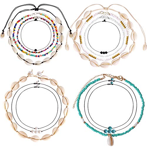 ONESING 14 Pcs Shell Necklace Choker Puka Shell Necklace Beach Necklace Pearl Choker Bohemian Beaded Choker Necklace Set Handmade Hawaii Jewelry Adjustable for Women