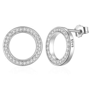 newzenro cz circle minimalist halo s925 sterling silver stud earrings for women round hollow open statement geometric cubic zirconia post hypoallergenic pierced jewelry gifts 11mm (white gold plated)