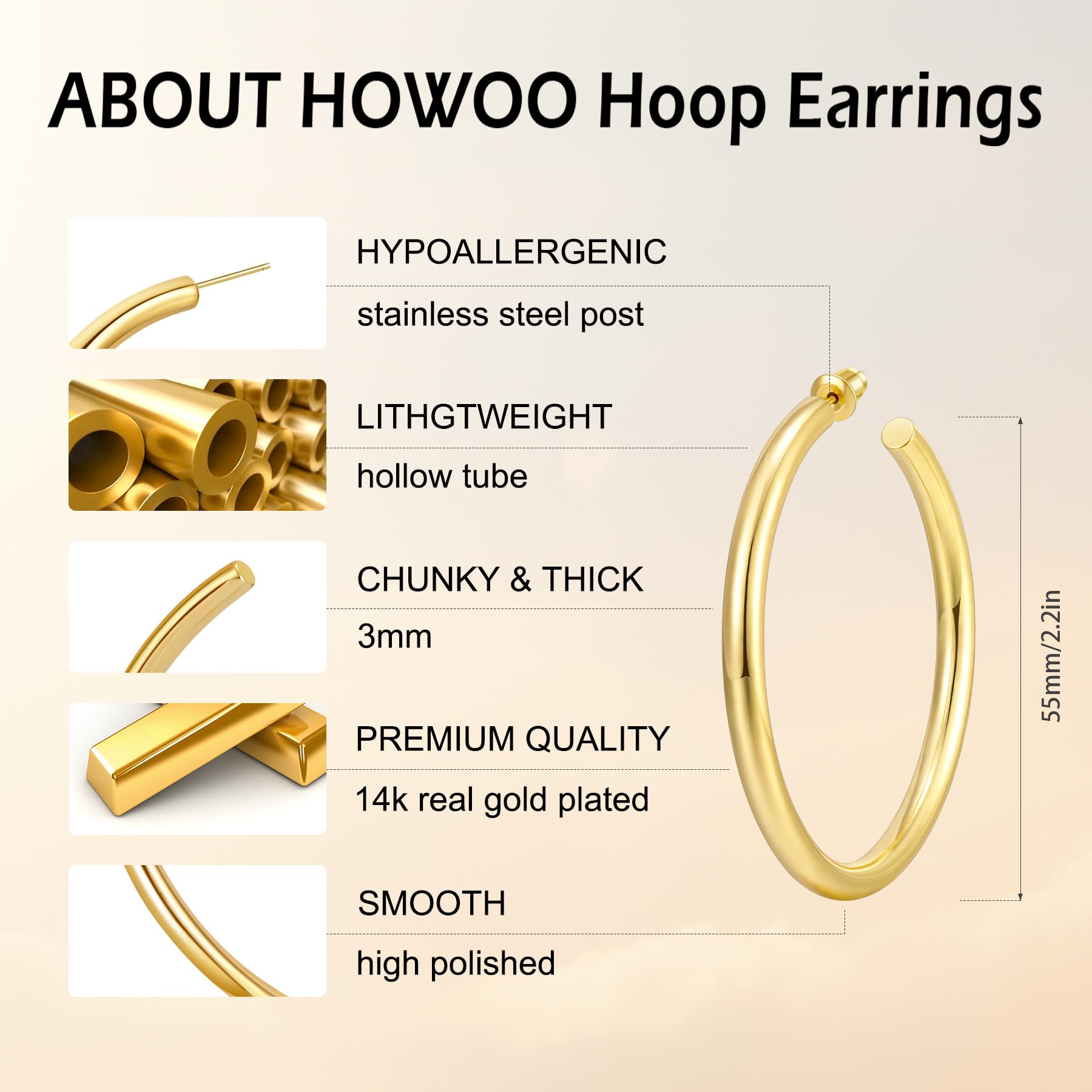 Howoo Big Chunky Gold Hoops Medium Chunky Thick Gold Hoop Earrings for Women