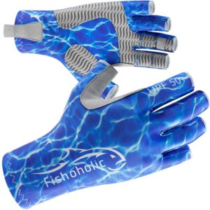 fishoholic fingerless fishing glove l/xl w' super grip upf50+ uv sun protection for men and women kayaking hiking paddle board paddling rowing canoe (bluecamo, l/xl)