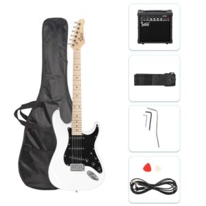 glarry full size electric guitar for music lover beginner with 20w amp and accessories pack guitar bag (white)