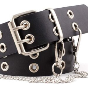 INOGIH Double-Grommet-Belt Leather Punk-Waist-Belt with Chain for Women Jeans Dresses