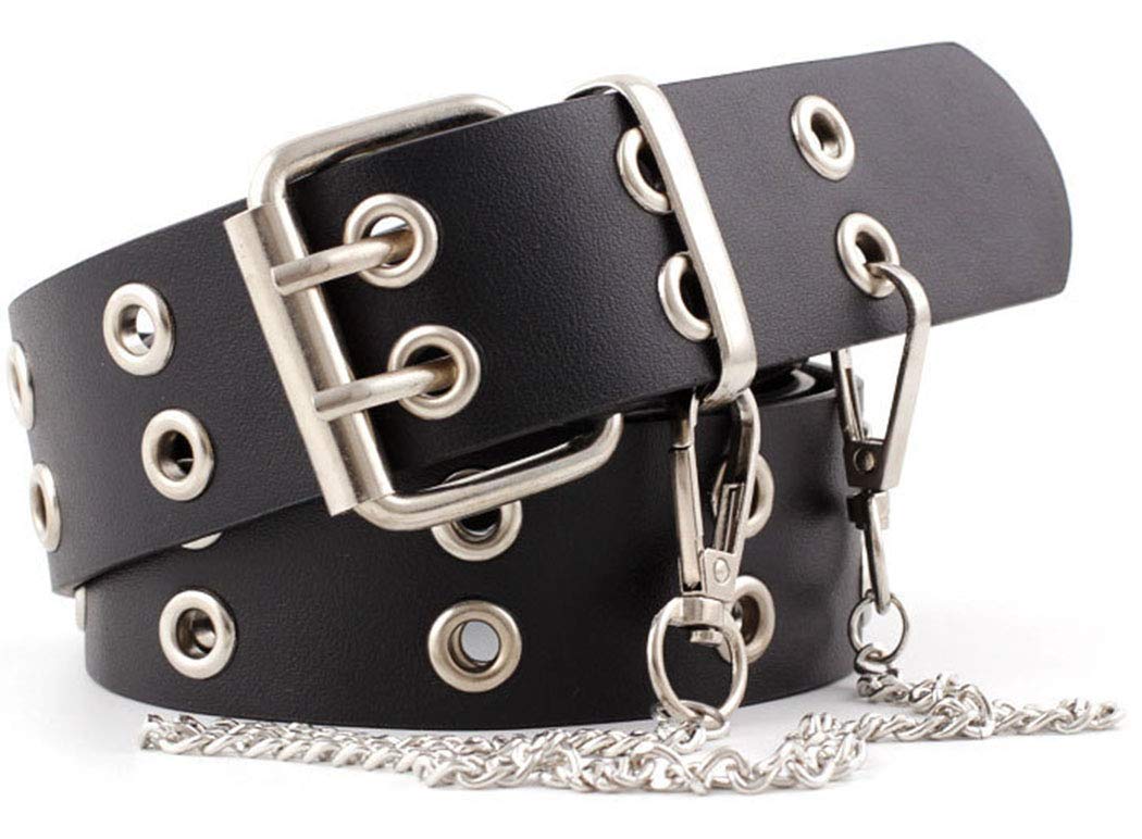 INOGIH Double-Grommet-Belt Leather Punk-Waist-Belt with Chain for Women Jeans Dresses