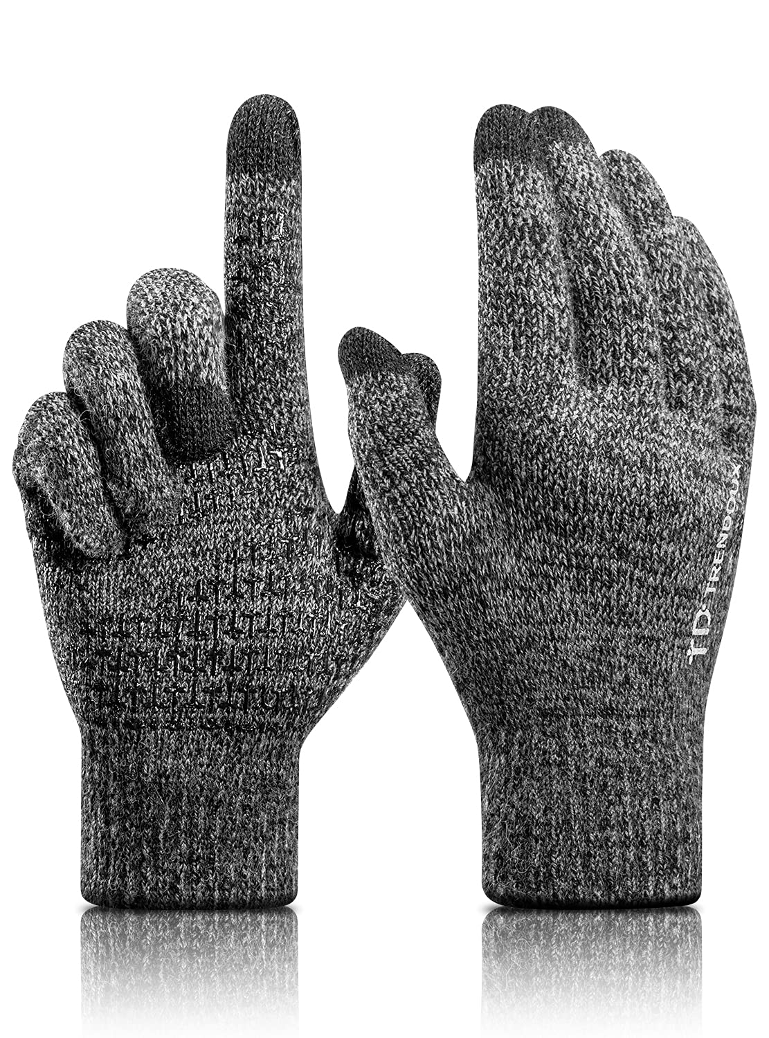 TRENDOUX Winter Gloves Women Men, Touchscreen Glove, Texting Smartphone Riding - Anti-Slip - Thermal Liners - Knitted Soft Material - Hands Warm Glove for Driving - Black Gray - L