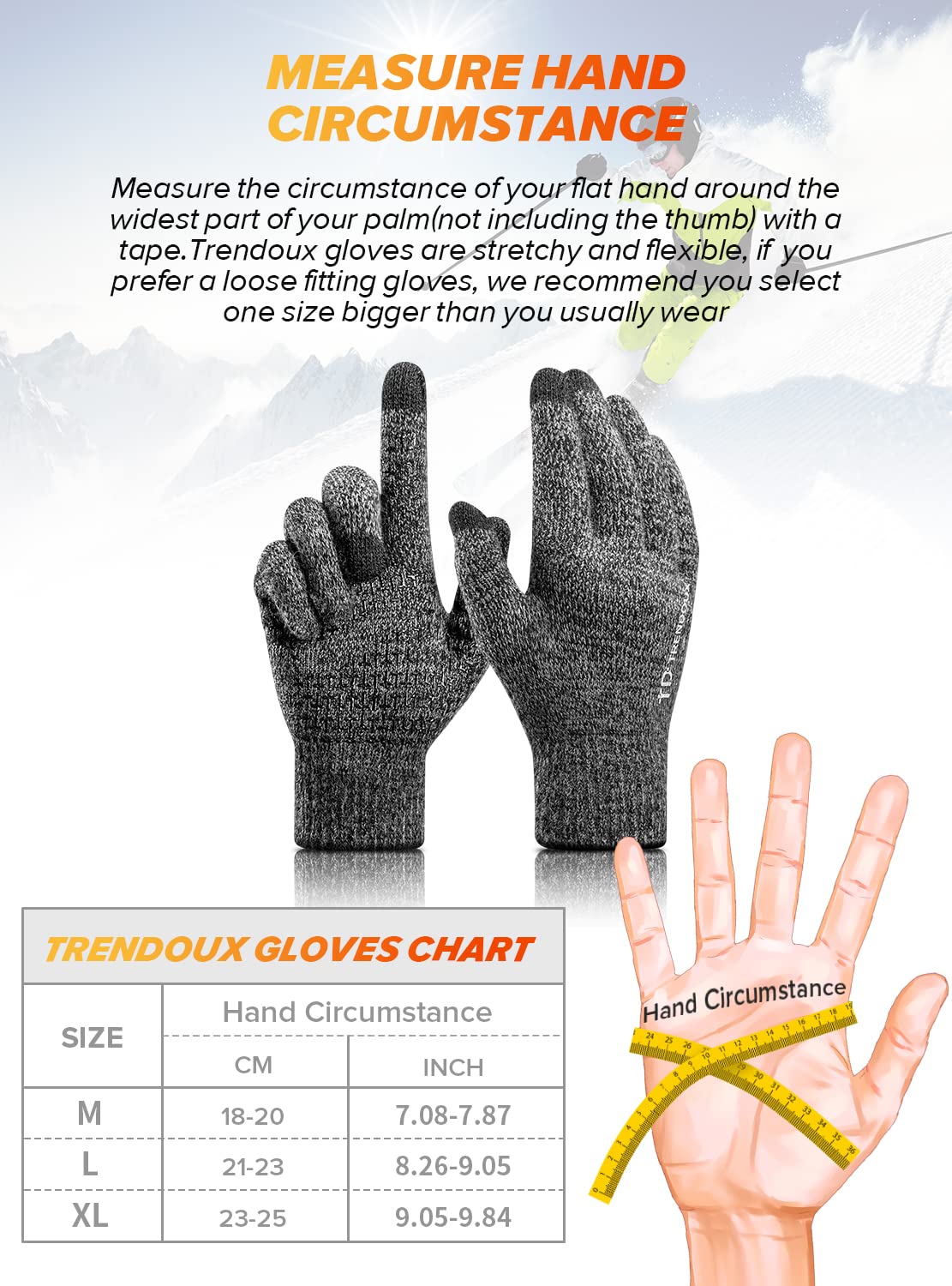 TRENDOUX Winter Gloves Women Men, Touchscreen Glove, Texting Smartphone Riding - Anti-Slip - Thermal Liners - Knitted Soft Material - Hands Warm Glove for Driving - Black Gray - L