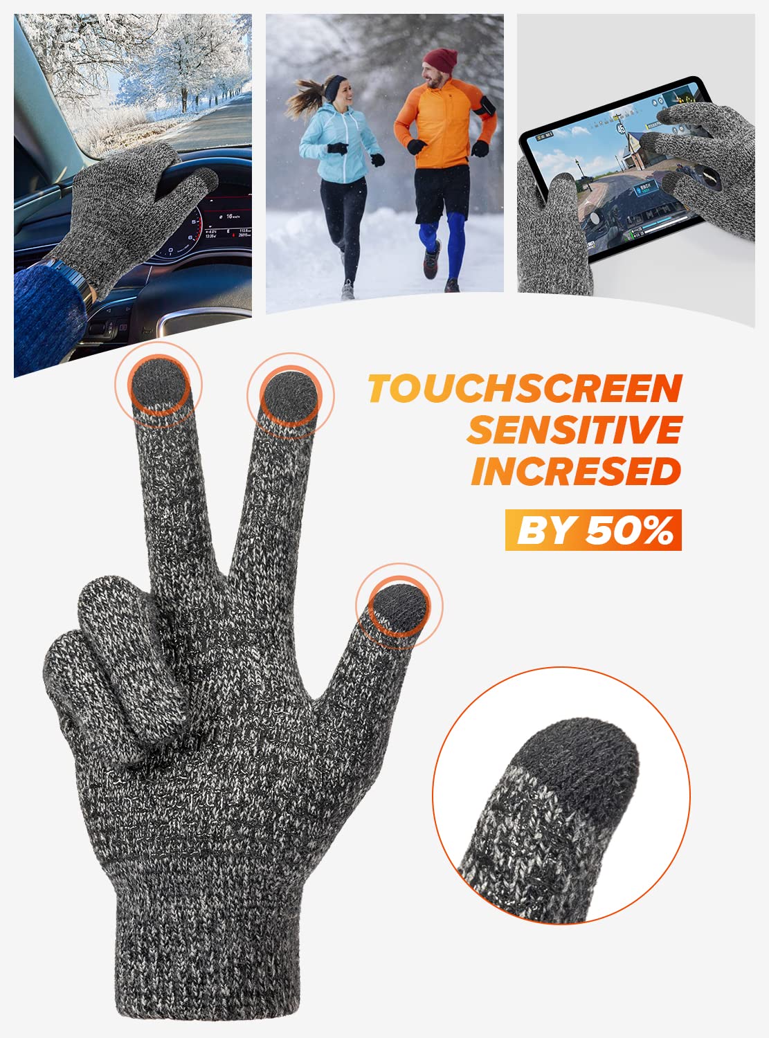 TRENDOUX Winter Gloves Women Men, Touchscreen Glove, Texting Smartphone Riding - Anti-Slip - Thermal Liners - Knitted Soft Material - Hands Warm Glove for Driving - Black Gray - L