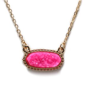 miracle collection faux druzy stone light weight fashion trendy pendant necklace for women and girls… (pink-oval)