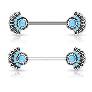 pierced owl synthetic turquoise set tribal fan nipple barbells, sold as a pair