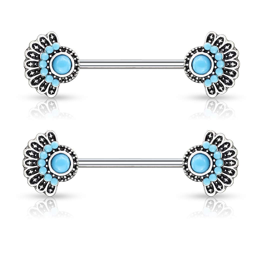 Pierced Owl Synthetic Turquoise Set Tribal Fan Nipple Barbells, Sold as a Pair