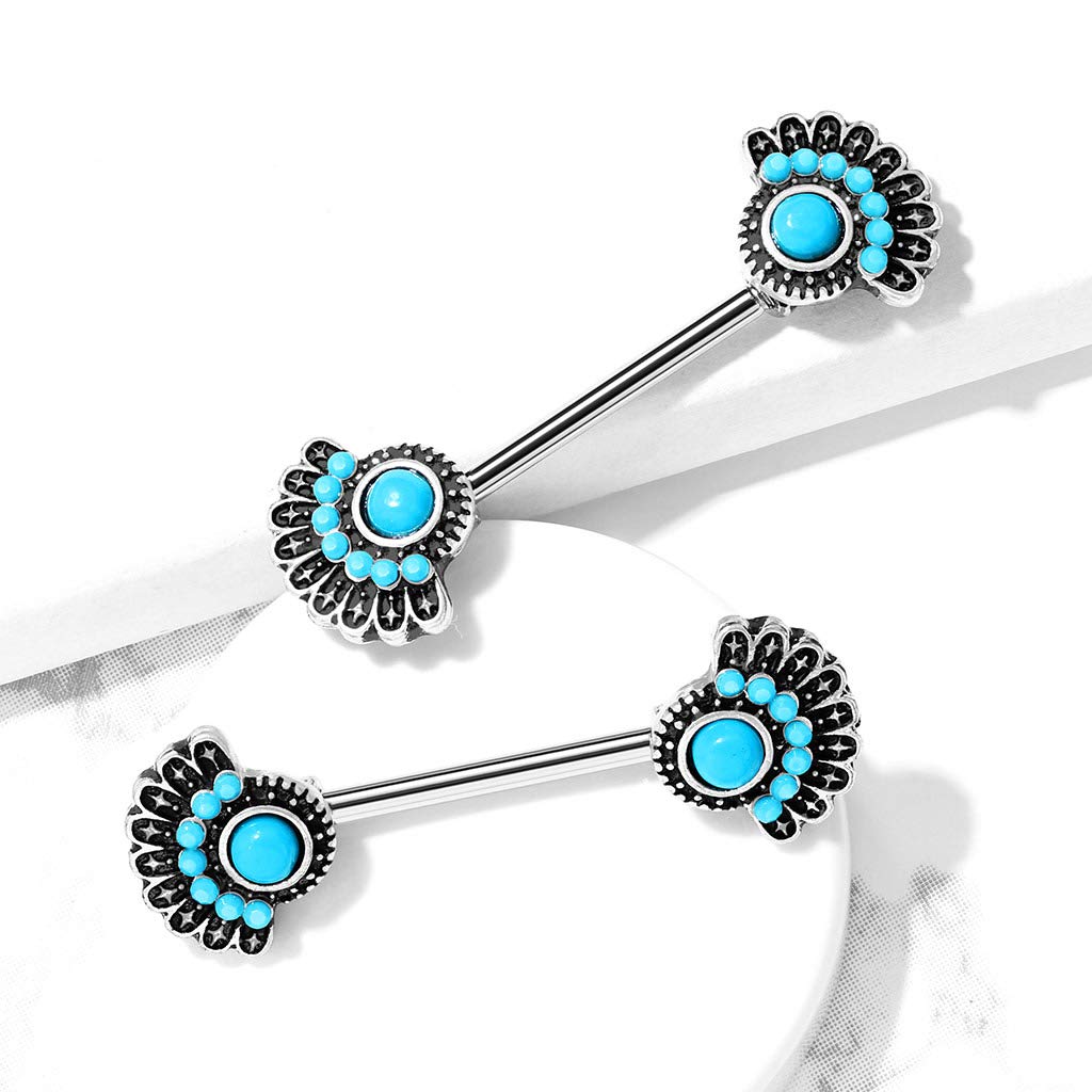 Pierced Owl Synthetic Turquoise Set Tribal Fan Nipple Barbells, Sold as a Pair