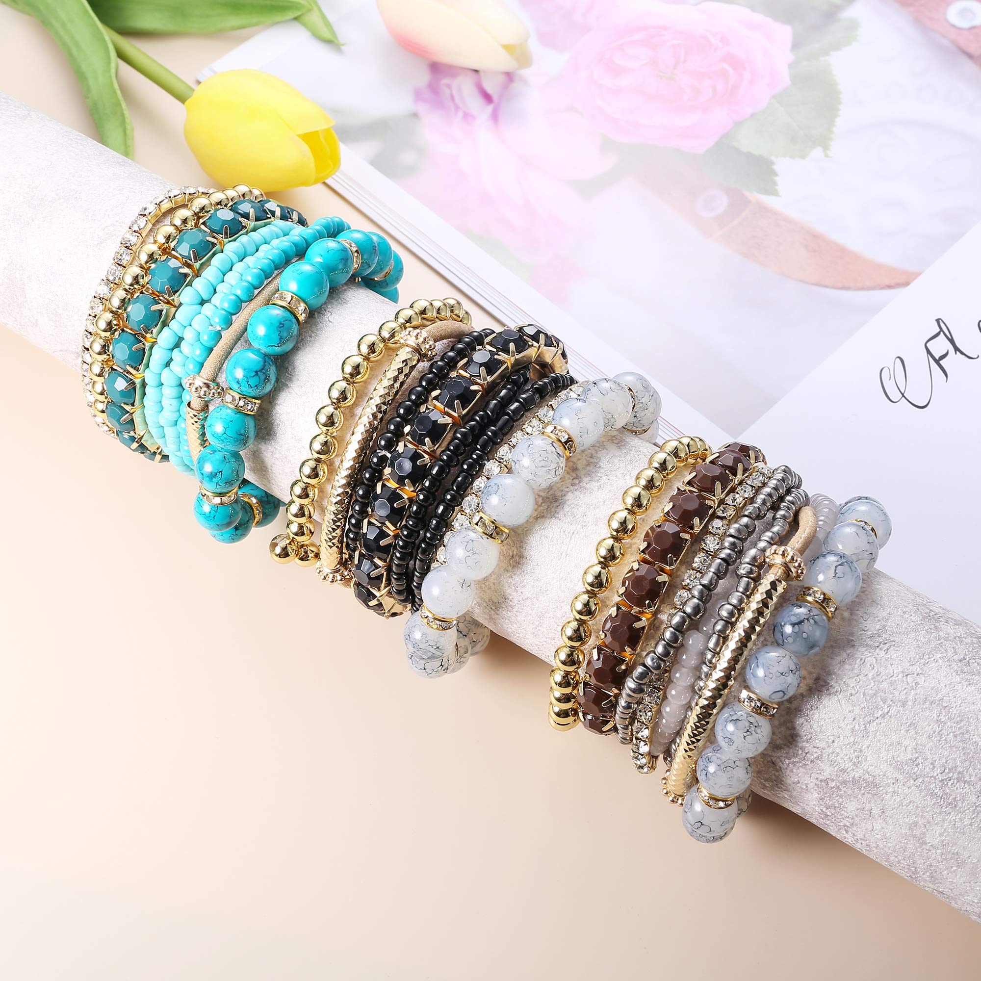 LOYALLOOK 6 Set Bohemian Stackable Bead Bracelets for Women Colorful Bangle Bracelets Multilayer Stretch Bracelets