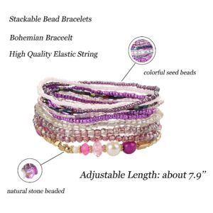 LOYALLOOK 6 Set Bohemian Stackable Bead Bracelets for Women Colorful Bangle Bracelets Multilayer Stretch Bracelets