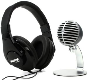 shure mobile recording kit with srh240a headphones and mv5 microphone - record & monitor professional content with real-time monitoring, connect directly to computer or mobile phone (mv5/a-240 bndl)