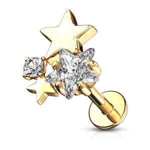 pierced owl 16ga stainless steel cz crystal star cluster top labret monroe cartilage ear stud (gold tone)