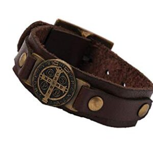 Intercession St Benedict Genuine Leather Protection Bracelet - Made in Brazil (Large - Brown)