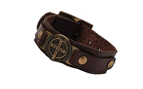 Intercession St Benedict Genuine Leather Protection Bracelet - Made in Brazil (Large - Brown)