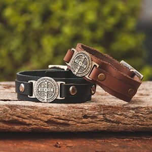 Intercession St Benedict Genuine Leather Protection Bracelet - Made in Brazil (Large - Brown)