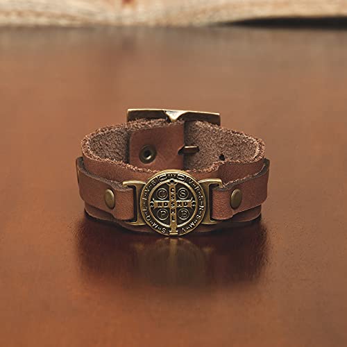 Intercession St Benedict Genuine Leather Protection Bracelet - Made in Brazil (Large - Brown)