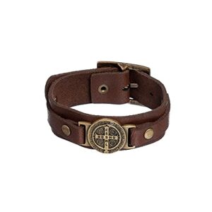 Intercession St Benedict Genuine Leather Protection Bracelet - Made in Brazil (Large - Brown)