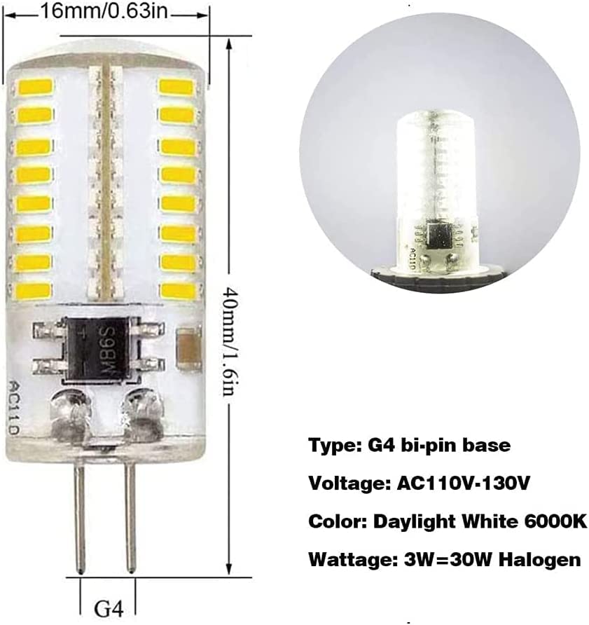 ZHENMING 110V- 130V G4 LED Bulb Dimmable Cool White 6000K (Not Low Voltage 12V) 3W 20W 30W Halogen Equivalent Bi-Pin Base Lamp (Pack of 10)