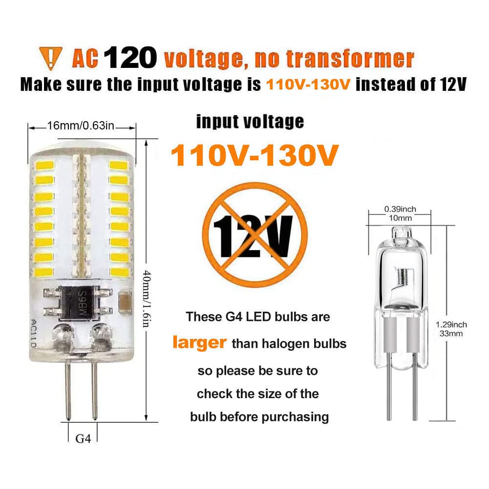 ZHENMING 110V- 130V G4 LED Bulb Dimmable Cool White 6000K (Not Low Voltage 12V) 3W 20W 30W Halogen Equivalent Bi-Pin Base Lamp (Pack of 10)