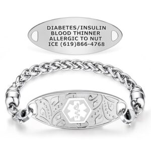 divoti custom engraved filigree medical alert id bracelets for women w/wheat chain- white - 7.5"