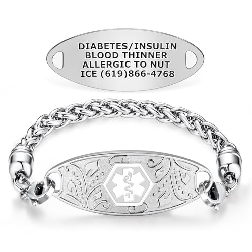 Divoti Custom Engraved Filigree Medical Alert ID Bracelets for Women w/Wheat Chain- White - 7.5"