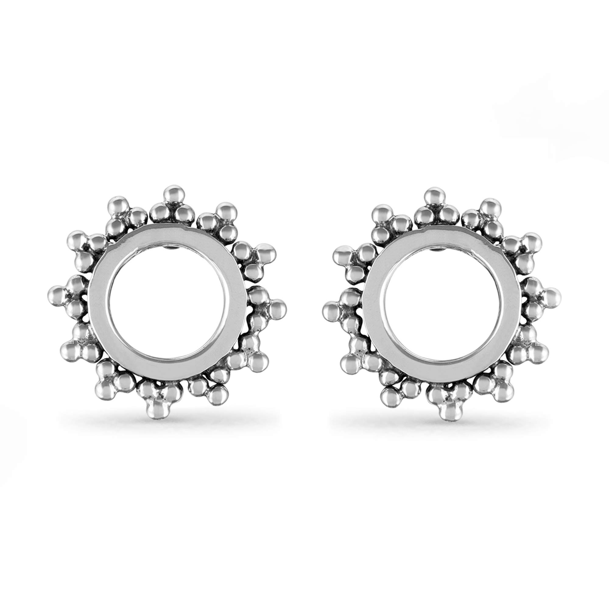 Boma Jewelry Sterling Silver Bohemian Balinese Beaded Texture Open Circle Sun Stud Earrings