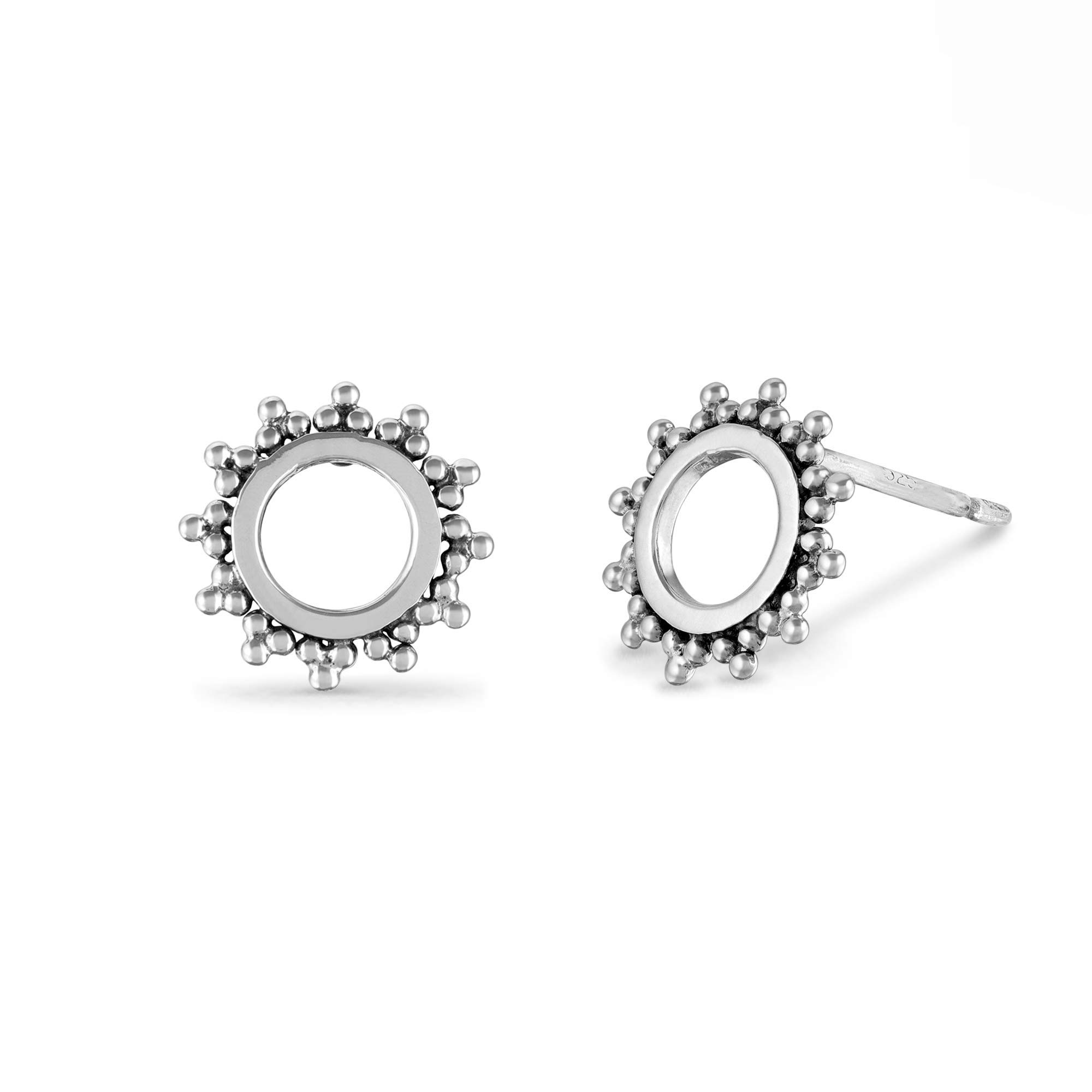 Boma Jewelry Sterling Silver Bohemian Balinese Beaded Texture Open Circle Sun Stud Earrings