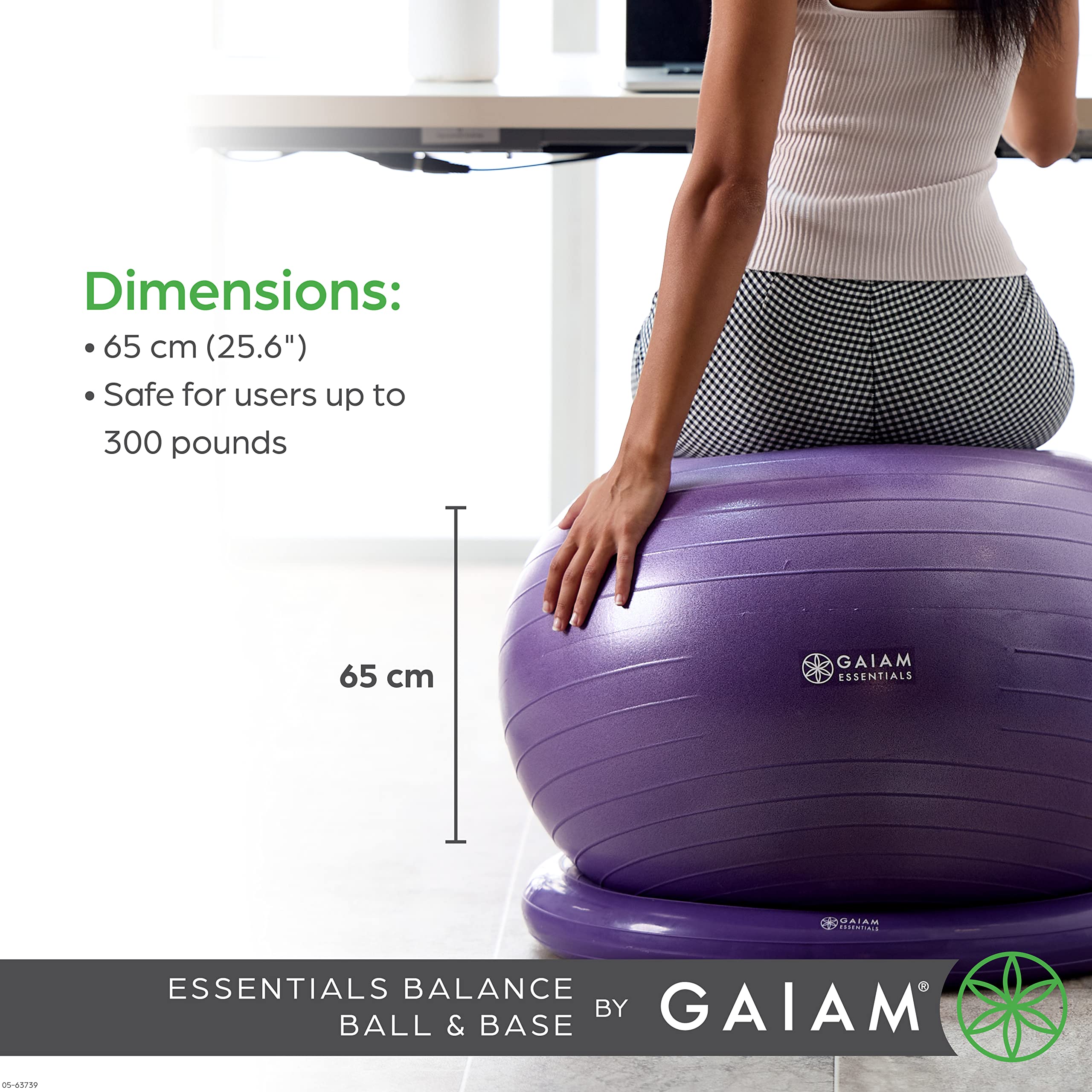 Gaiam Essentials Balance Ball & Base Kit, 65cm Yoga Ball Chair, Exercise Ball with Inflatable Ring Base for Home or Office Desk, Includes Air Pump - Purple