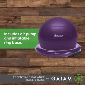 Gaiam Essentials Balance Ball & Base Kit, 65cm Yoga Ball Chair, Exercise Ball with Inflatable Ring Base for Home or Office Desk, Includes Air Pump - Purple