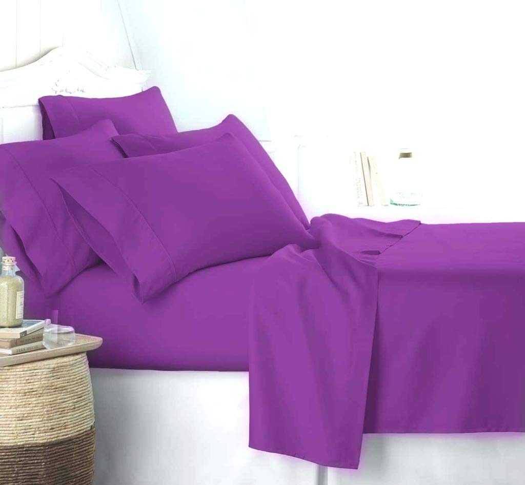 White House Linen 6 Piece Set - Hotel Luxury - Extra Soft - Easy Fit 600 TC (4-8 inch deep) Egyptian Cotton Purple Solid,California/King-Cal King - 72" x 84"