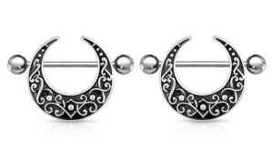 pierced owl vintage filigree crescent moon nipple shields, sold as a pair (antique silver tone)