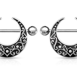 Pierced Owl Vintage Filigree Crescent Moon Nipple Shields, Sold as a Pair (Antique Silver Tone)