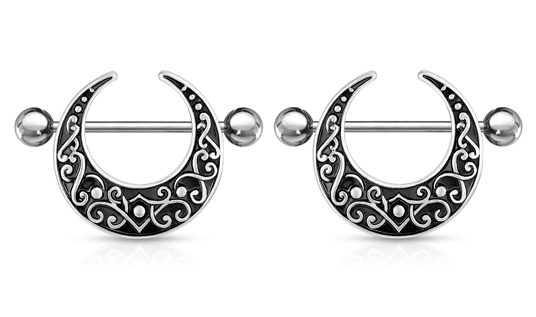 Pierced Owl Vintage Filigree Crescent Moon Nipple Shields, Sold as a Pair (Antique Silver Tone)