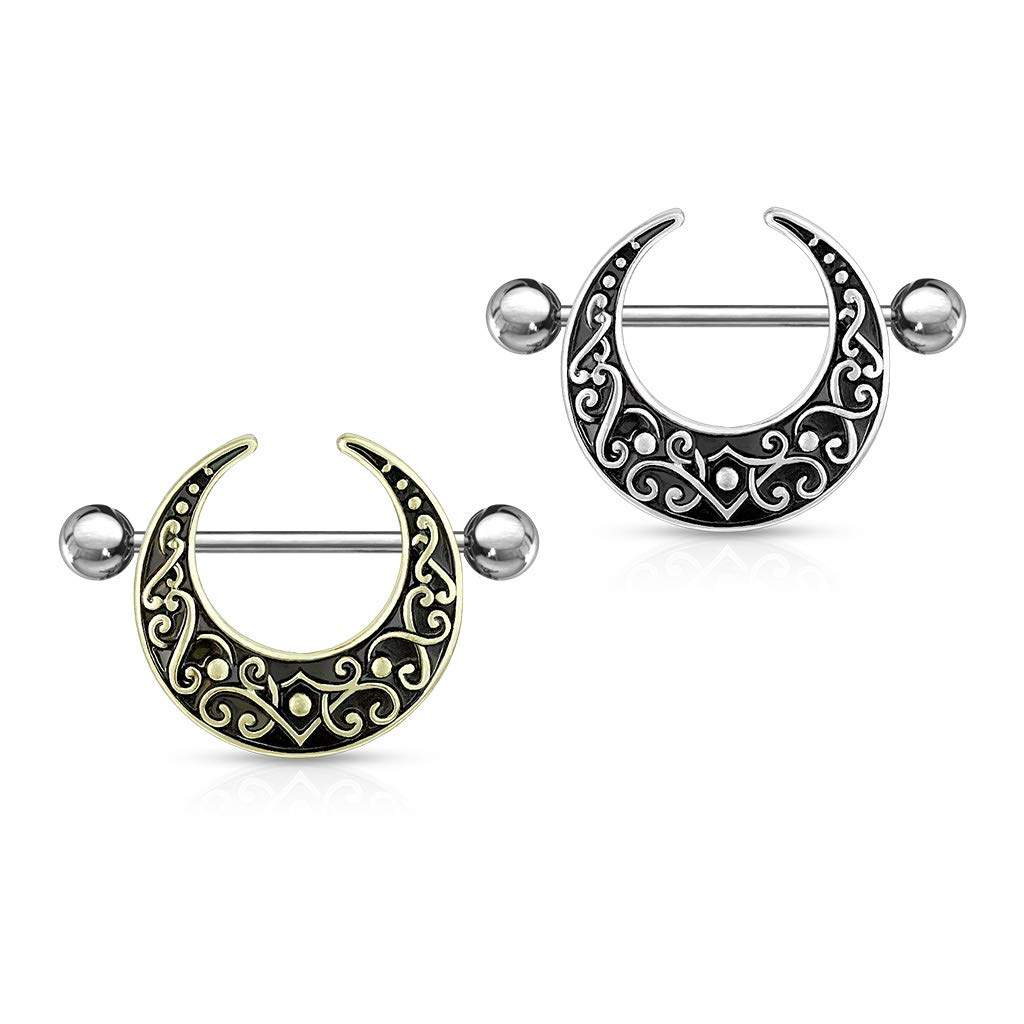 Pierced Owl Vintage Filigree Crescent Moon Nipple Shields, Sold as a Pair (Antique Silver Tone)