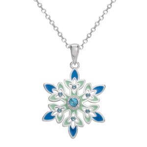 disney frozen fine silver plated blue crystal snowflake pendant necklace, 18" chain