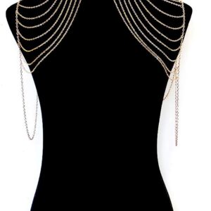 Yomiie Body Shoulder Chain Multilayered Gold Tassels Link Harness Necklace Fashion Jewelry Belly Waist Bra Boho Hot Bikini Beach Anniversary Festival for Women