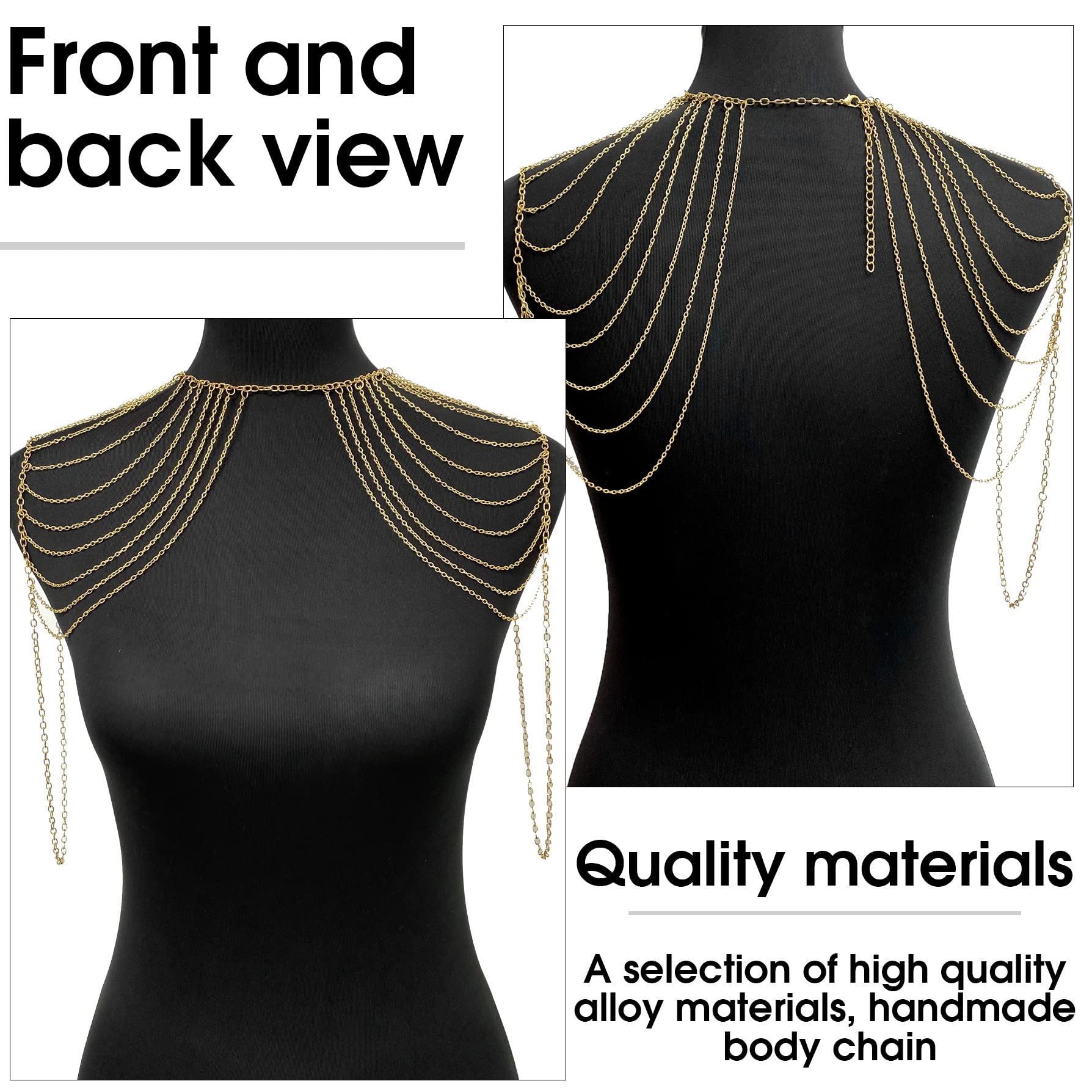 Yomiie Body Shoulder Chain Multilayered Gold Tassels Link Harness Necklace Fashion Jewelry Belly Waist Bra Boho Hot Bikini Beach Anniversary Festival for Women