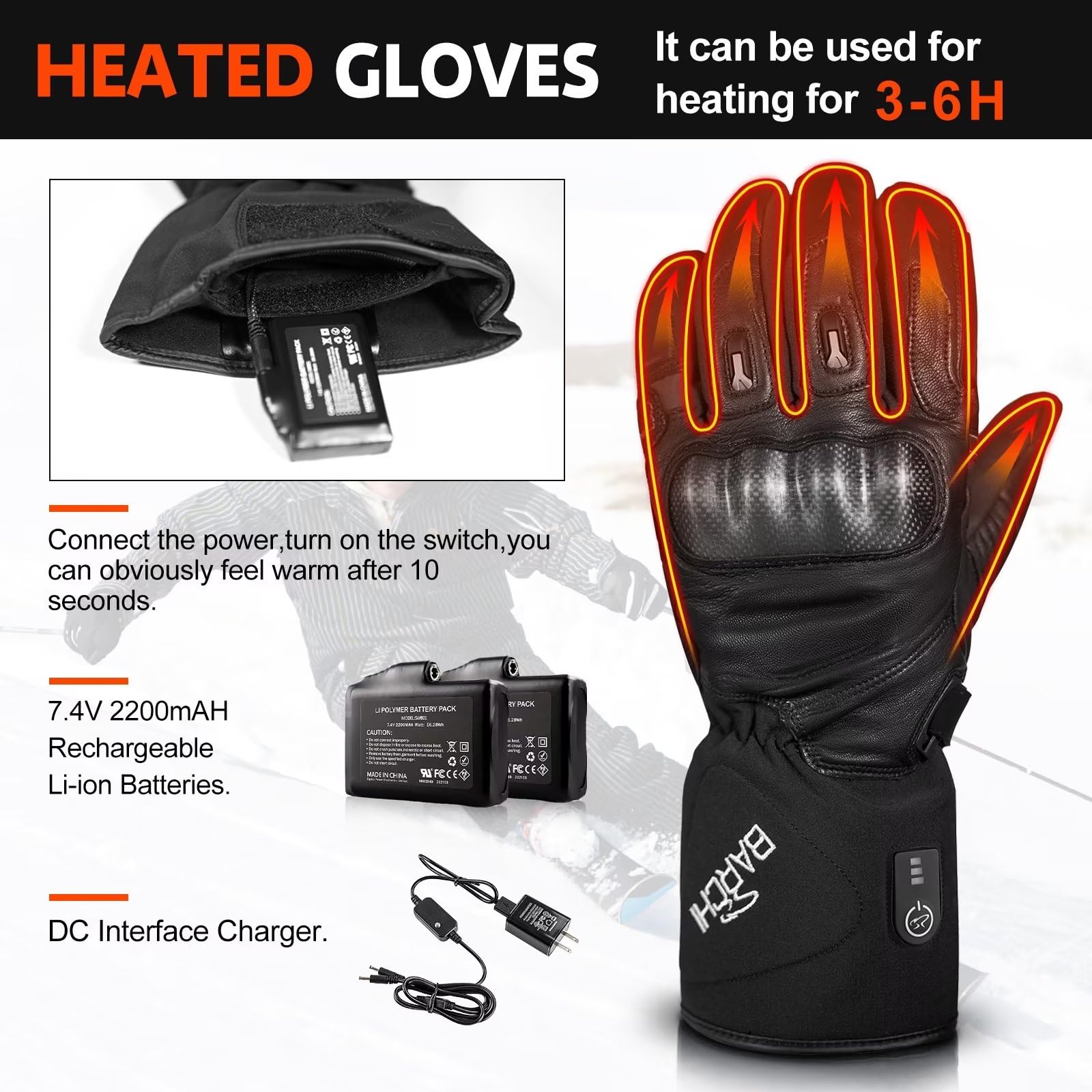 Heated Gloves for Men Women Heated Motorcycle Glove Electric Waterproof Heating Gloves Touchscreen Warming Rechargeable Battery Hand Warmers w/ 12V Motorcycle Cable for Outdoor Work Motorcycling Bike