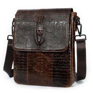 niucunzh leather flap messenger bag for men small crossbody shoulder bag,novelty crocodile embossed coffee