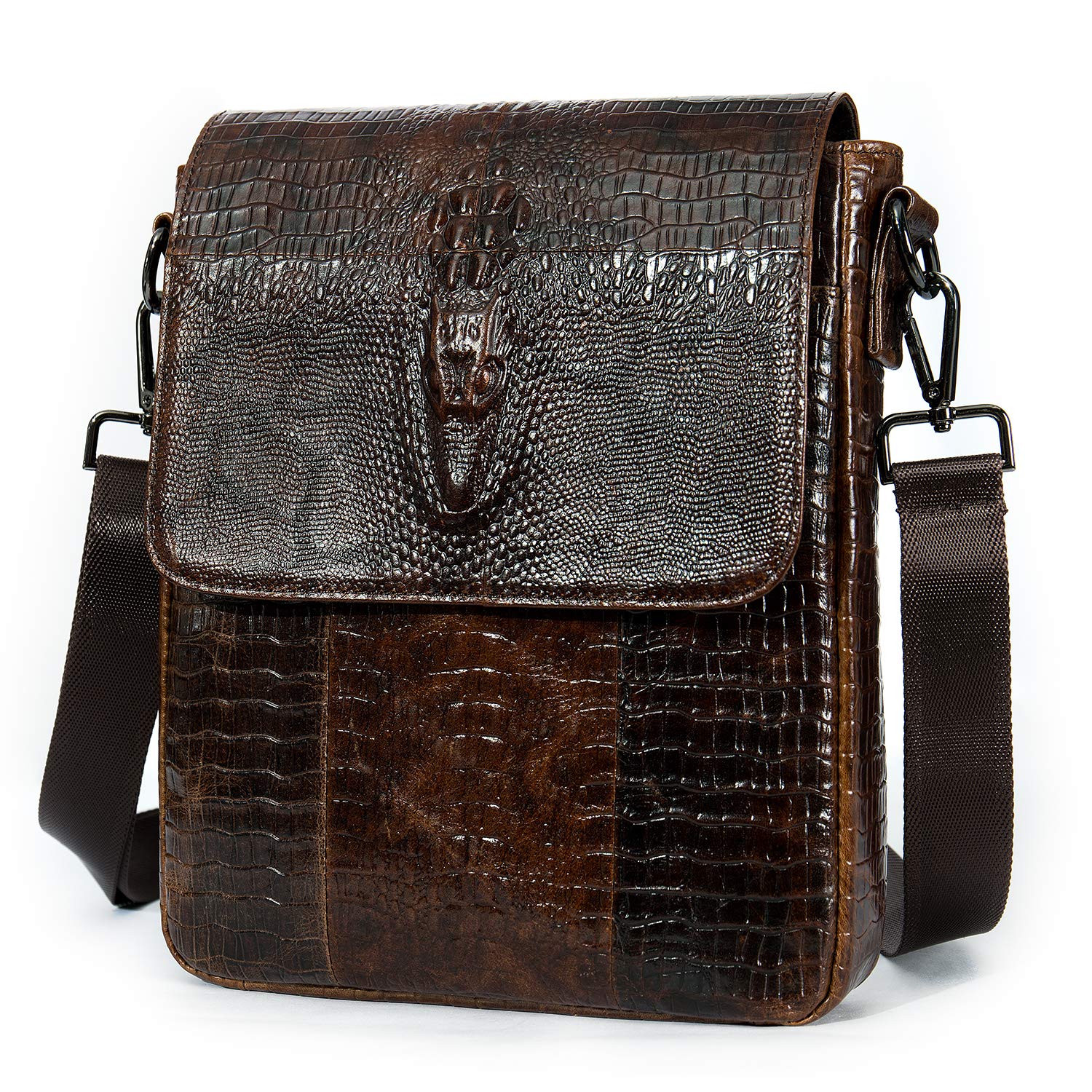 NIUCUNZH Leather Flap Messenger Bag for Men Small Crossbody Shoulder Bag,Novelty Crocodile Embossed Coffee